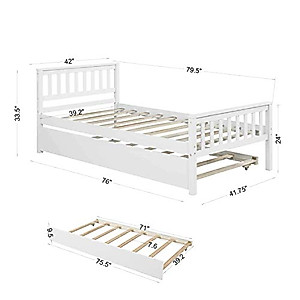 Twin Platform Bed with Trundle, Solid Wood Bed Frame with Headboard, Footboard for Teens Boys Girls,No Box Spring Needed (White)