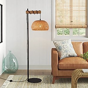 Industrial Tall Floor Lamp for Living Room Bamboo Lampshade, Black Lights Fixtures with Cord On/Off Switch E26 Base Industrial Modern Wire Wood Decoration Standing Lamp for Bedroom (No Bulb)