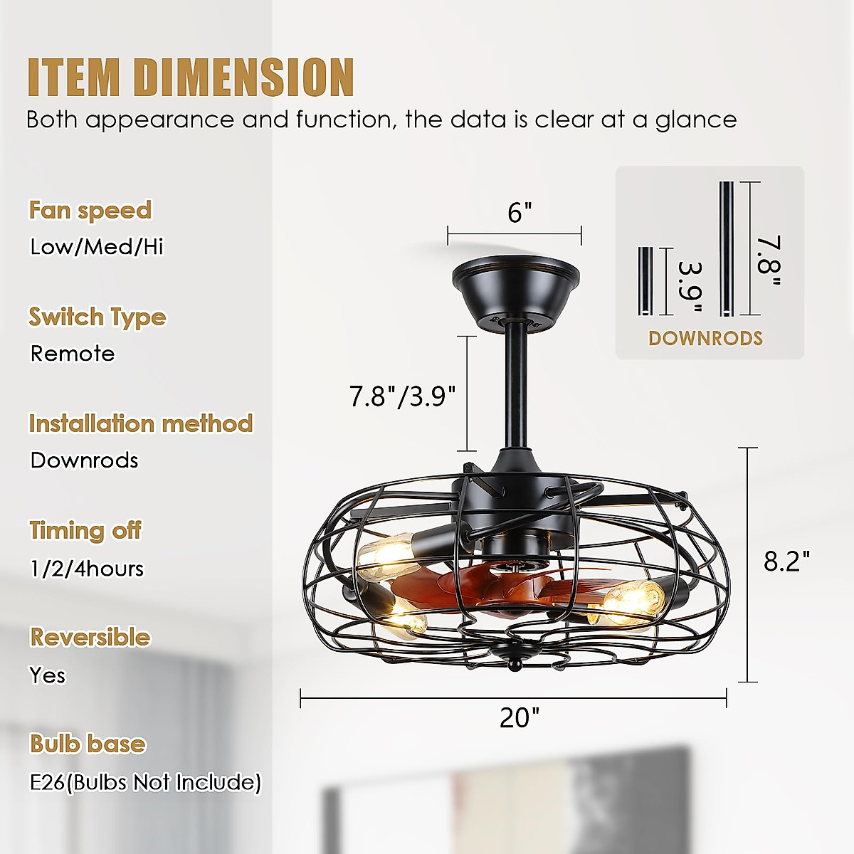 Asyko Caged Ceiling Fans with Lights - Black Outdoor Ceiling Fan with Remote and Reversible Fan Blades, Bladeless Low Profile Fan Light Fixtures for Indoor, Patios, Farmhouse(E26 Bulbs Not Included)