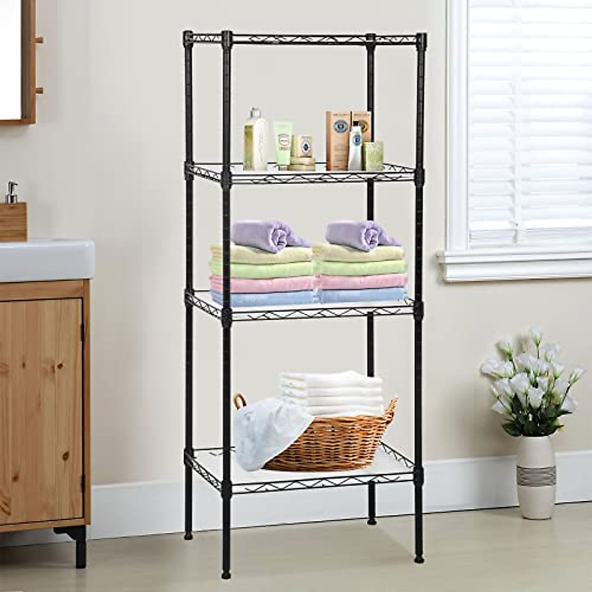 YYkokocat 4-Tier Wire Shelving Unit 44" H x 18L x 12D Metal Shelves for Storage with Shelf Liners Adjustable Small Storage Rack Shelf Organizer for Closet Pantry Kitchen, 600Lb Capacity, Black