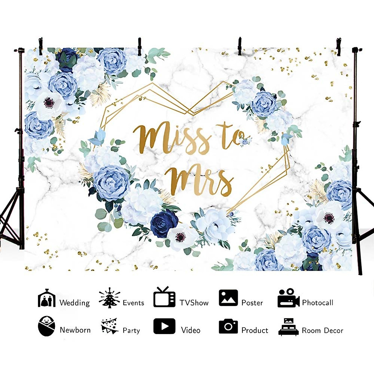 AIBIIN 8x6ft Miss to Mrs Floral Backdrop for Bridal Shower Blue and White Flowers Photography Background Hearts Geometric Couple Wedding Party Decorations Bride to Be Engagement Banner Props