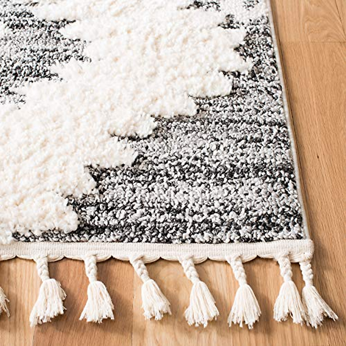 SAFAVIEH Moroccan Tassel Shag Collection 8' x 10' Ivory/Grey MTS652F Boho Non-Shedding Living Room Bedroom Dining Room Entryway Plush 2-inch Thick Area Rug