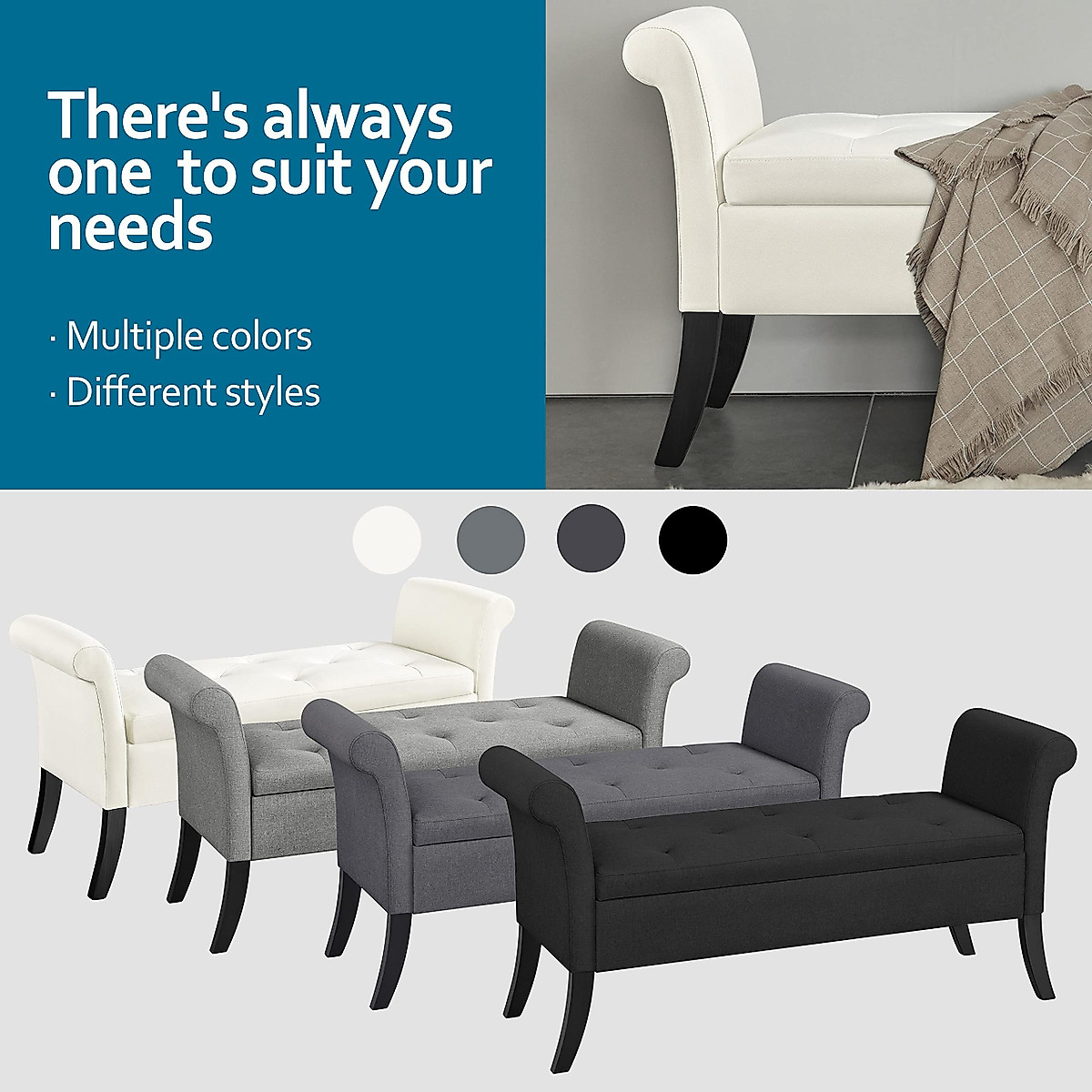 Yaheetech Fabric Modern Tufted Large Storage Bench with Rolled Arms Cushioned Storage Bench Entryway Bench Functional Storage Bench Footstool Foot Rest for Living Room Bedroom Window Side Fresh White