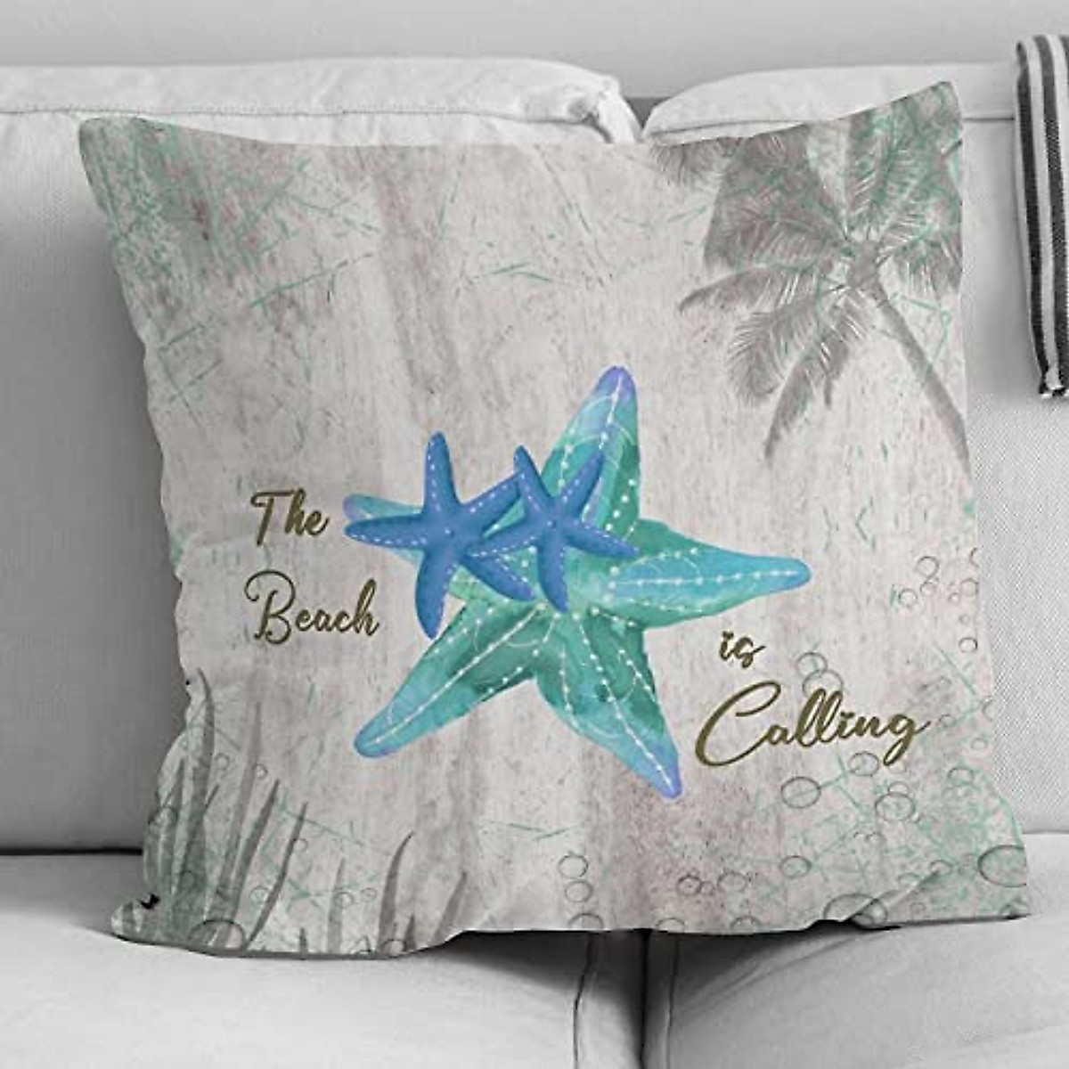 WoGuangis Beach House Throw Pillow Cushion The Beach is Calling Starfish White Linen Pillow Covers Starfish Sea Life Farmhouse Toss Pillows with Zippe for Sofa Living Room 20x20in Housewarming Gift