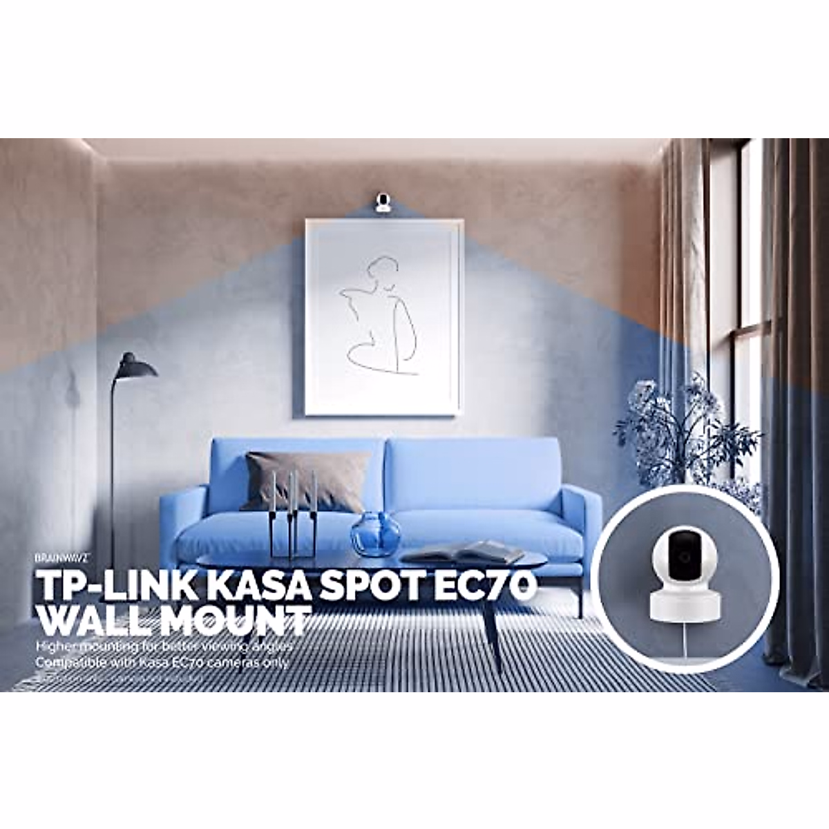 Wall Mount for Kasa EC70 Spot, Adhesive Holder for TP Link Spot Smart Security Camera, Installs in Minutes, No Mess Hanger Bracket by Brainwavz (White)