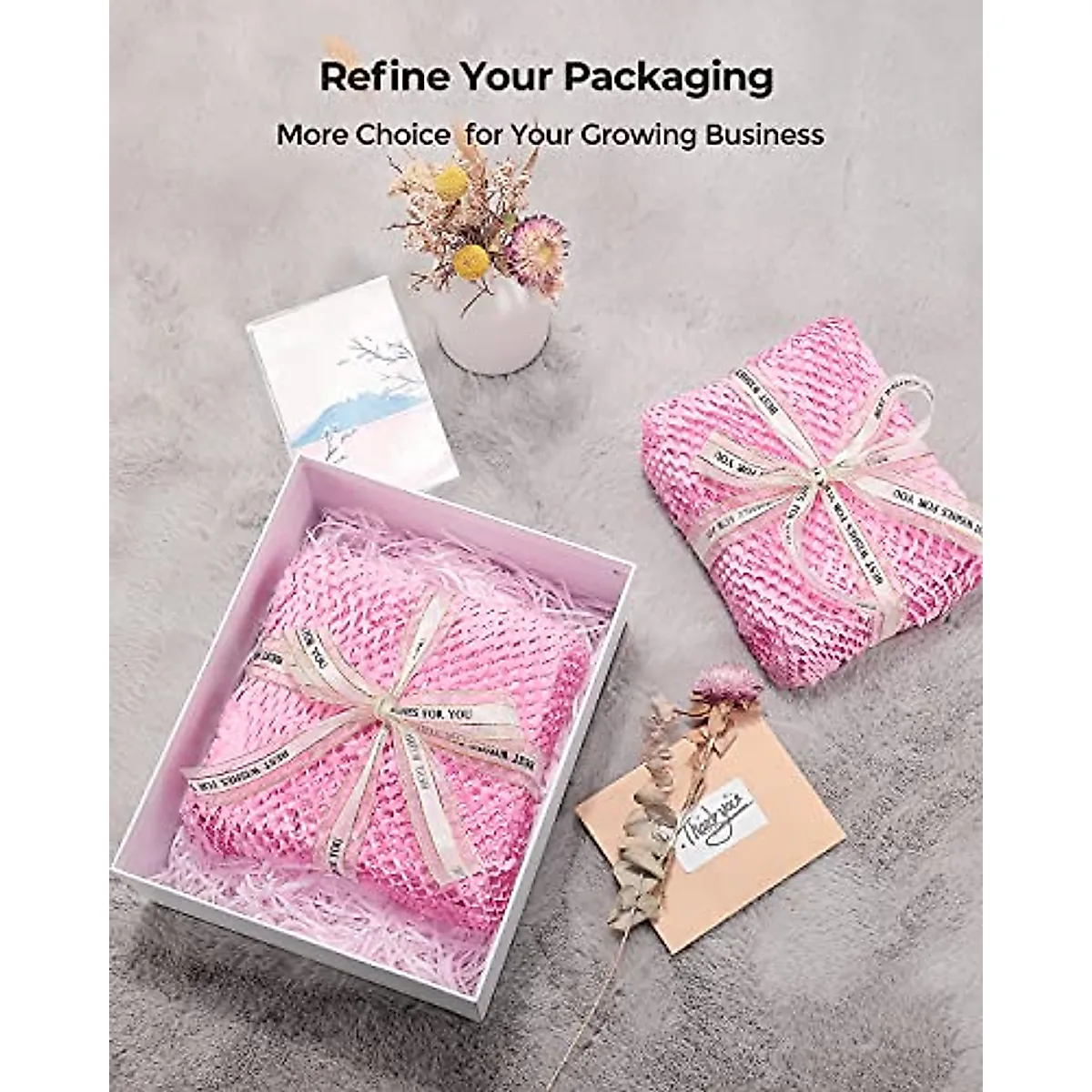 MUNBYN Pink Honeycomb Packing Paper, 15 Inches x 120 Feet Packing Glass Paper, Bubble Wrap for Dishes and Plates, Packing, Moving, with 16 Fragile Stickers and 100ft Twine