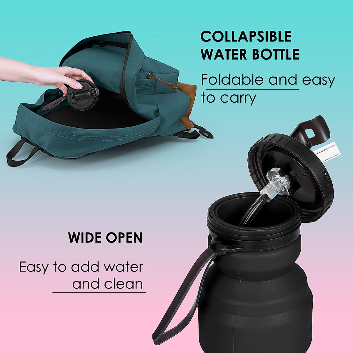 Mefold Water Bottles Collapse Silicone Durable Leak Proof Straw,Foldable Medical Grade BPA-Free,11oz Lightweight bottles for Kids Travel, Portable, Cycling, Hiking, Sports, Gym, Camping 320ML