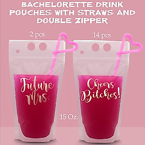 Bachelorette Drink Pouch Cups with Straws (Rose Gold) 16 Count, 15 Oz. - Engagement Party Decoration and Bride To Be Gift