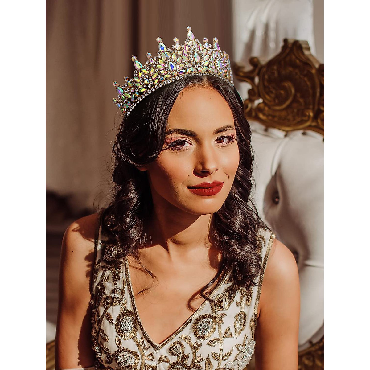 SWEETV Tiara Crown for Women Girls, Aurora Borealis Crystal Princess Crown, Wedding Tiara for Bride, Hair Accessories for Birthday Prom Party Quinceanera Pageant, Iridescent