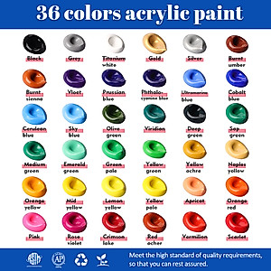 COLORFUL Acrylic Paint Set for Canvas Painting with 36 Colors (60ml, 2oz), 6 Brushes and 1 Palette - Permanent Art Craft Paints Gifts for Kids, Beginners, Adults & Artists - Non-Toxic Painting