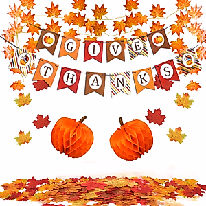 GIVE Thanks Hanging Banner Autumn Pumpkin Honeycomb Ball Maple Leaf Garland Fall Harvest Welcome Banner for Thanksgiving Party Decorations