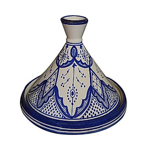 Moroccan Handmade Serving Tagine Exquisite Ceramic With Vivid colors Original 8 inches in Diameter Fes White & Blue