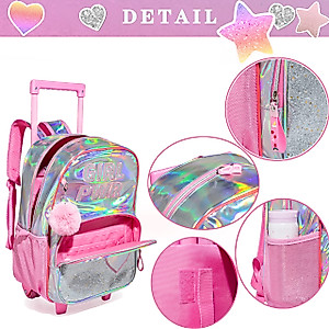 HTgroce 3PCS Pink Rolling Backpack for Girls, Sequin Backpack Wheels for Girls, Girls Rolling Bookbag, Suitcase Wheeled School Bag Set for Kindergarten Elementary School