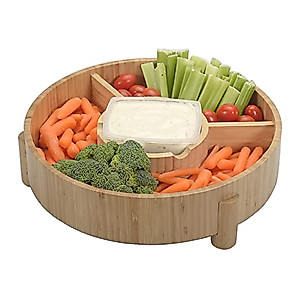 MobileVision Bamboo Serving Platter for Entertaining, Four Compartments & Easy Carrying Design, Chips, Fruits, Vegetables, Dips, Nuts, Bread and more