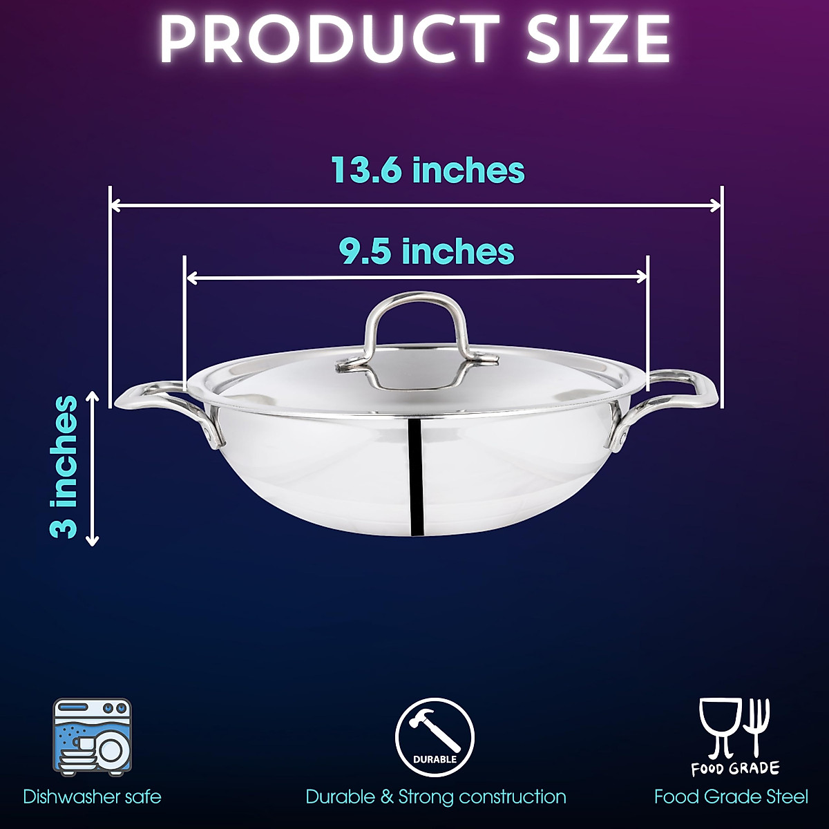 WG inc TRIPLY Stainless Steel Kadhai with Lid - Tri-Ply Wok Cookware - Sauces, Stews, Deep Frying Saute Pan Induction Friendly - Dishwasher Safe (9.5" Dia) (2.5 QT / 2.4 Litres)