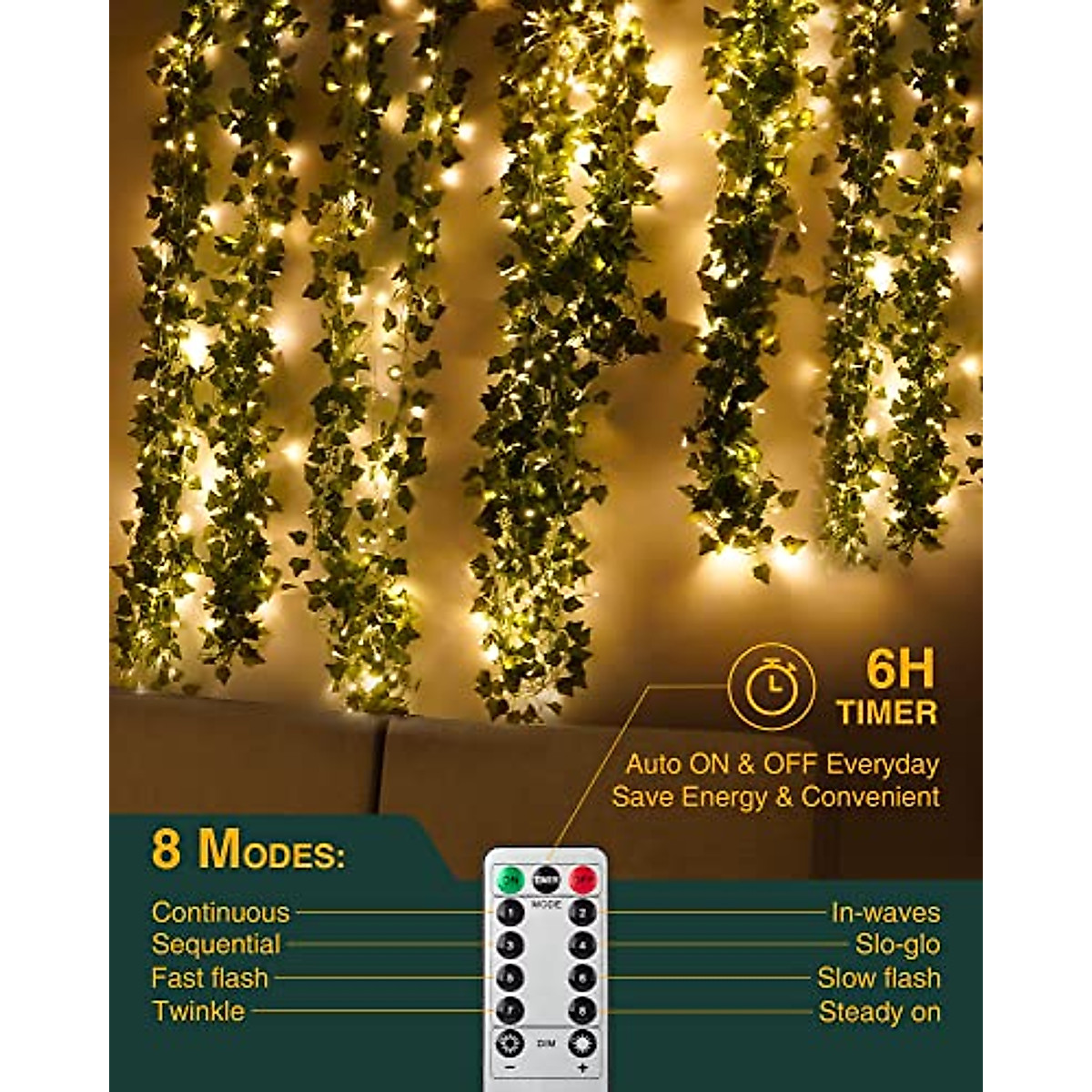 JACKYLED 84Ft 12 Pack Artificial Ivy Garland Fake Plants, Ivy Leaves with CE Certified 80 LED String Lights, Hanging Ivy Lights for Aesthetic Bedroom Garden Party Wall Room Decor