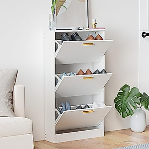 RESOM 3-Tier White Shoe Cabinet with Flip Drawers, Narrow Shoe Storage Rack, Modern Free Standing Tipping Bucket Shoe Organizer Cabinet for Entryway