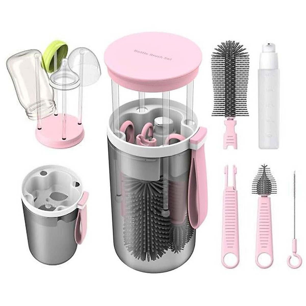 6 in 1 Baby Bottle Brush Set, Bottle Cleaner Kit with Silicone Bottle Brush, Nipple Brush, Straw Cleaning Brush, Soap Dispenser, Baby Bottle Drying Rack for Travel and Home Use (Pink)