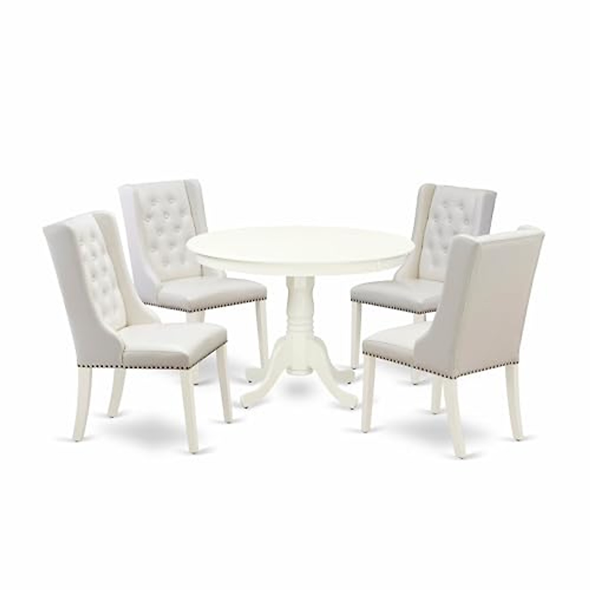 East West Furniture HLFO5-LWH-44 5 Piece Dining Table Set for 4 Includes a Round Kitchen Table with Pedestal and 4 Light Grey Faux Leather Parson Dining Chairs, 42x42 Inch, Linen White