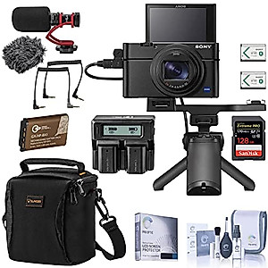 Sony Cyber-Shot DSC-RX100 VII Digital Camera with Shooting Grip Kit Bundle with 128GB SD Card, Bag, On-Camera Mic, Extra Battery, Dual Charger and Accessories