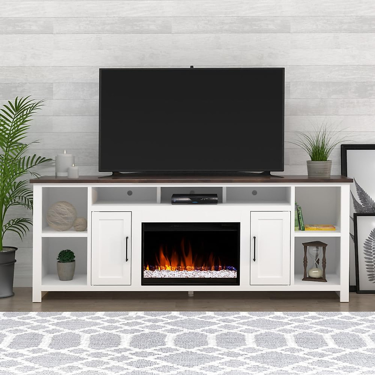 Bridgevine Home Modern 85 Inch Electric Fireplace TV Console. Accommodates TVs up to 95 inches. Fully Assembled. Poplar Solids and Okume Veneers. Jasmine Whitewash and Whiskey Finish.