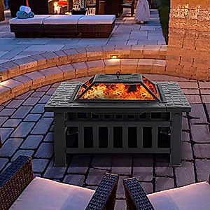Outdoor Fire Pit 32 Inch Square Metal Firepit with Charcoal Rack& Spark Screen, Heavy Duty 3 in 1 Fireplace Backyard Patio Garden Stove for Camping, Outdoor Heating, Bonfire and Picnic