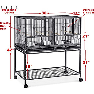 42" Stackable Center Divided Breeder Breeding Bird Flight Double Rolling Cage for Aviaries Canaries Cockatiels Lovebirds Finches Budgies Small Parrots (Black Vein, Single Story)