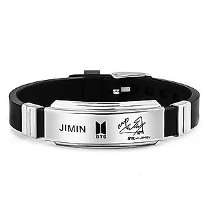 University Trendz Unisex BTS Fan Combo - Jimin Bangtan Kpop Bar Pendant Necklace, Name Signature Silicon Bracelet & DOB Engraved Stainless Steel Ring (Pack of 3)