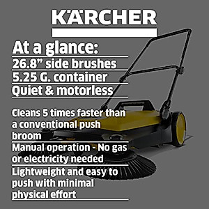Karcher S 4 Twin Walk-Behind Outdoor Hand Push Floor Sweeper - 5.25 Gallon Capacity, 26.8" Sweeping Width, Sweeps 26,000 Square Feet/Hour