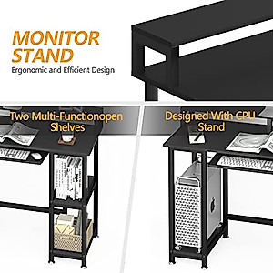 JSungo Small Computer Desk with Monitor Stand, 47 Inch Home Office Desk with 2 Tier Storage Shelf for Small Space, Sturdy Writing Gaming Table with Keyboard Tray and CPU Shelf, Black