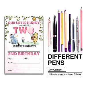 Dolimifa Winnie the Pooh 2nd Birthday Invitations Fill in Style Watercolors Winnie the Pooh Bear Pink Balloon Our Little Hunny Winnie Second Birthday Invites for 2 Year Old, 20 Count With Envelopes