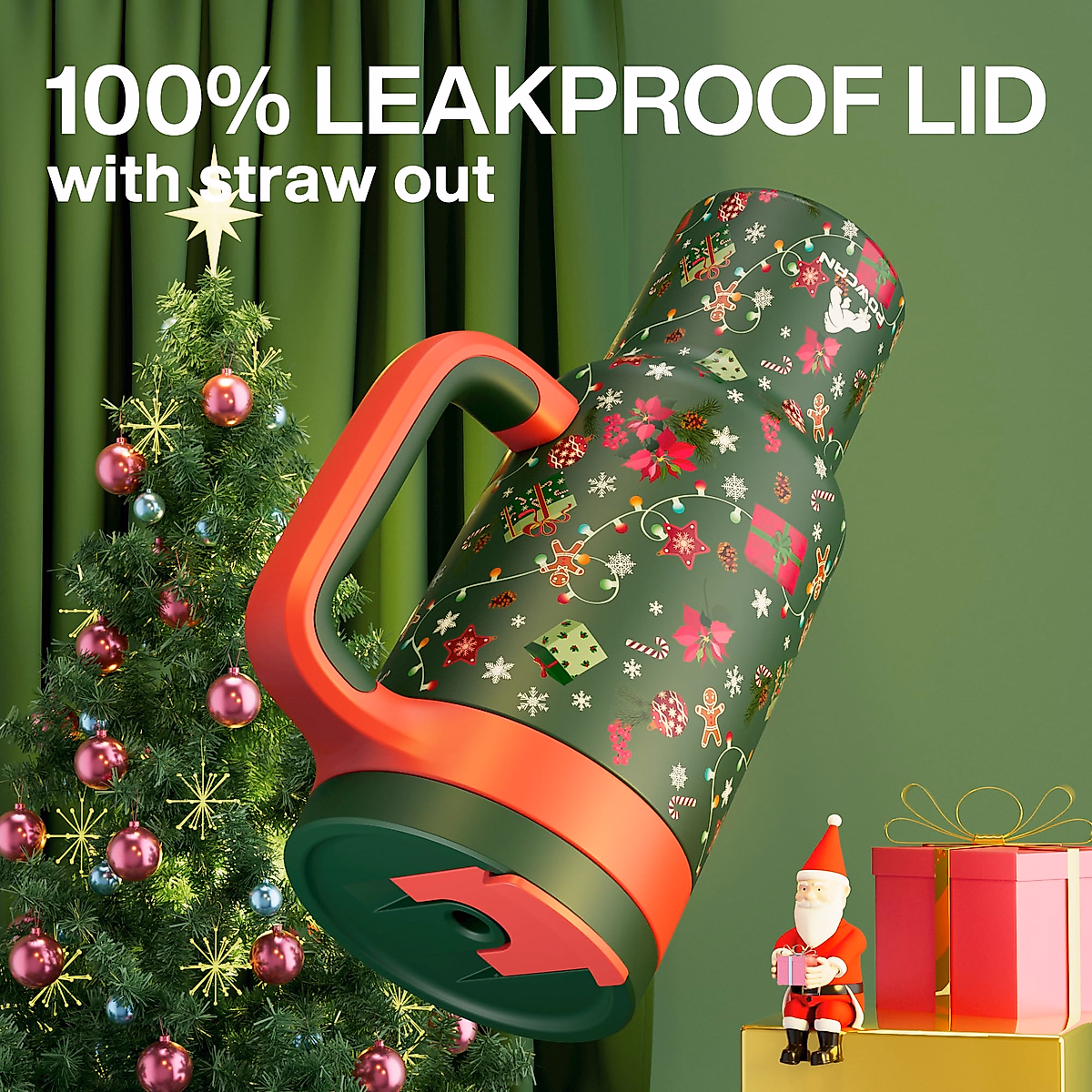 POWCAN 40 oz Christmas Tumbler with Handle, 2-in-1 Straw Lid, Leakproof, Dishwasher Safe, Insulated Stainless Steel Coffee Mug, Keeps Cold for 34 Hours, Fits in Car Cupholder (Merry Xmas)