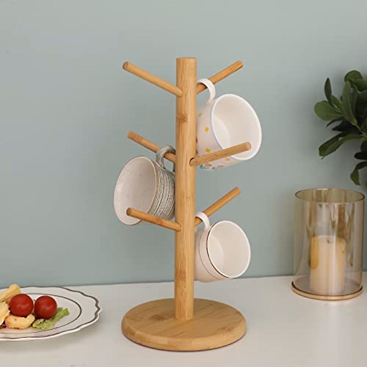 olelo Bamboo Mug Holder Stand,Countertop Coffee Mug Tree with 6 Hooks,Mug Rack & Tea Cup Organizer (Round)