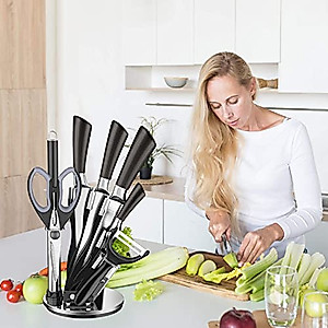 KIMIUP 9 Pieces Kitchen Knife Set with Block,5 Stainless Steel Knives and Scissors Peeler Knife Sharpener with Stand 360 Degree Revolving Base,Black Handle