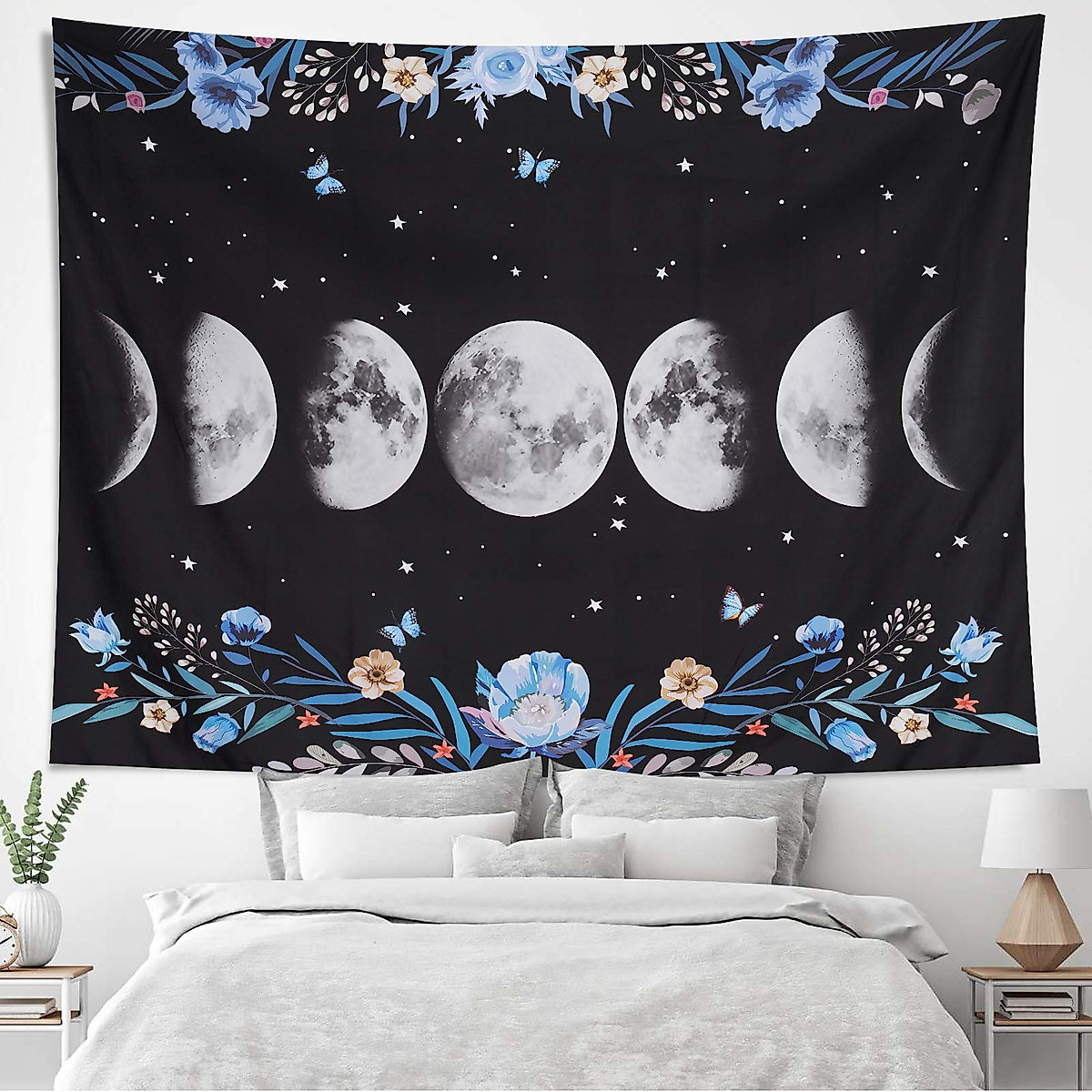 Pocass Moon Phase Tapestry with Floral Vine Butterfly Moonlit Garden Tapestry Black Background Flower Wall Hanging Tapestry for Home 59.1ʺ × 78.7ʺ