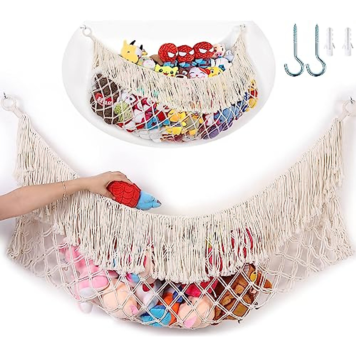 Large Stuffed Animal Hammock - [56'' Wide/Upgraded Handwoven Macrame/Cream] Toy Storage Net Hammock for Flat Wall, Hardware Included