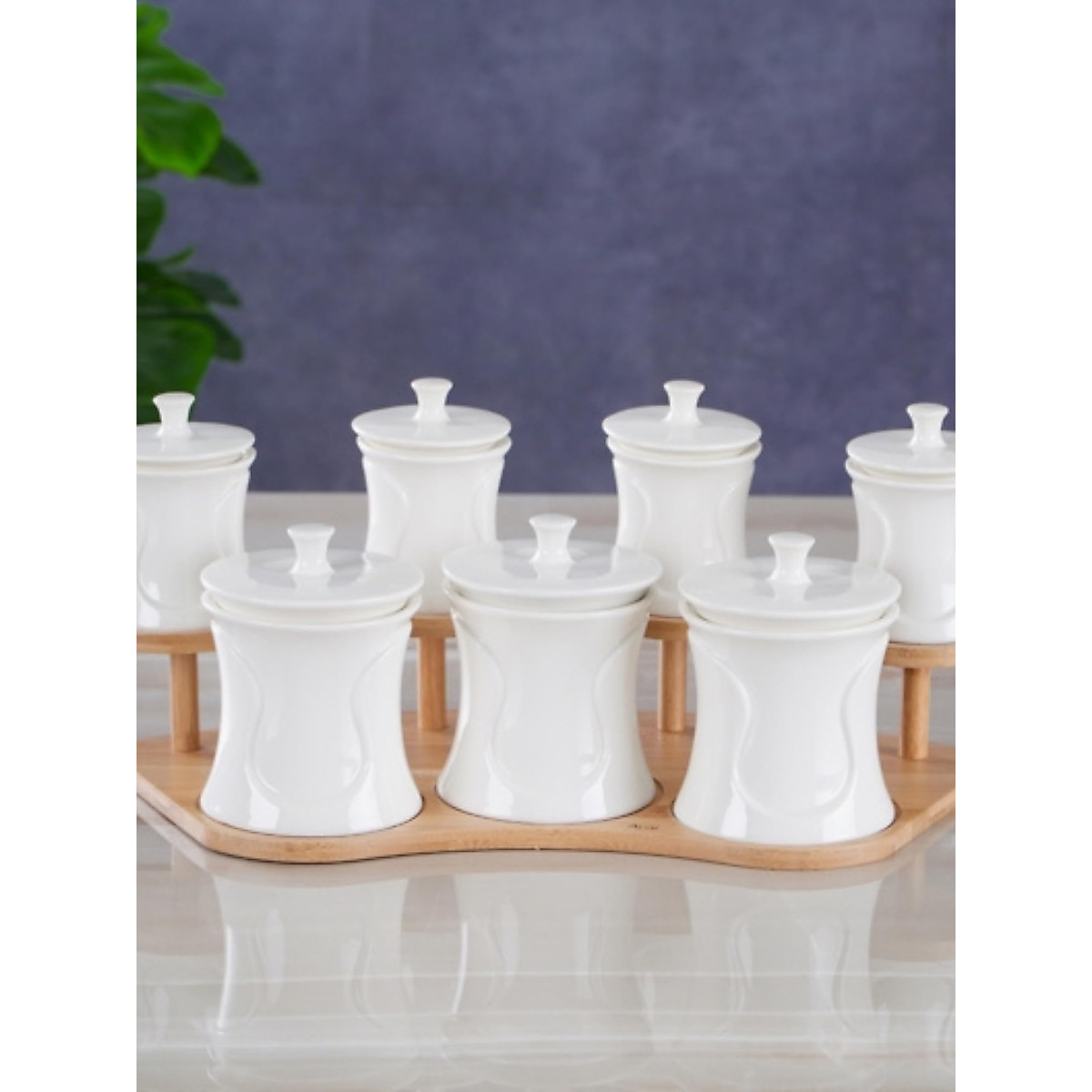 Acar 7 Pcs Spice Bowls Porcelain Condiment Pots, Porcelain Spice Jar, Porcelain Seasoning Jar with Porcelain Lid and BambooTray