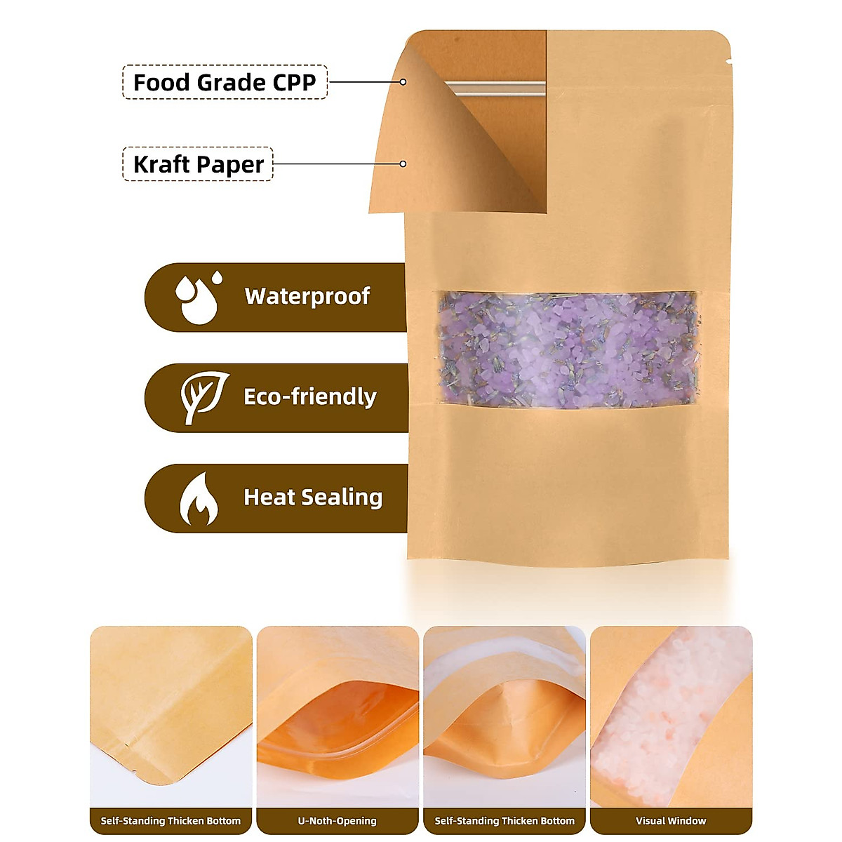 Larzack 50pcs Kraft Bags with Window 3.5x5.5 Inches Brown Reusable Sealable Zip Lock Food Storage Stand up Paper Pouches for Home or Business