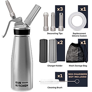 EurKitchen Professional Aluminum Whipped Cream Dispenser - Leak-Free Whip Cream Maker Canister with 3 Decorating Nozzles & Cleaning Brush - 1-Pint / 500 mL Cream Whipper - N2O Chargers (Not Included)