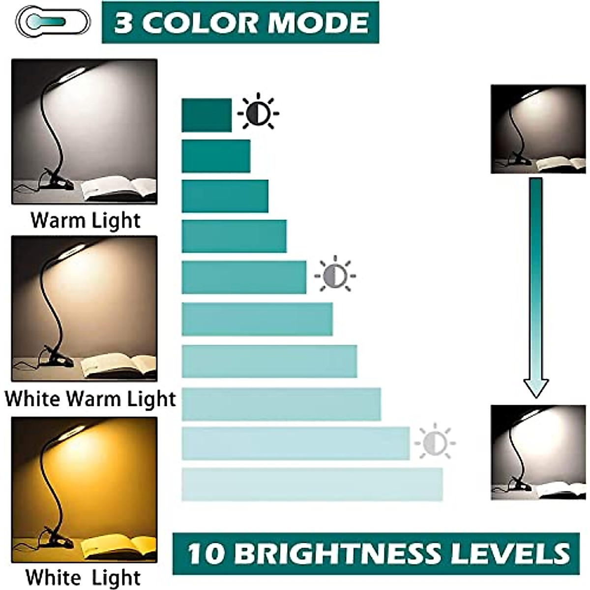 Foneso Desk Lamp Clip on Light, 48 LED USB Lamp with 3 Color Modes 10 Brightness Levels, 360° Flexible Gooseneck Eye Protection Bed Night Light for Reading, Makeup, Fill Light (Black)