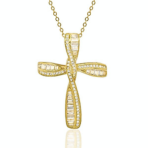 925 Sterling Silver Necklace for Women, Fancy Baguette Cubic Zirconia Twist Cross Pendant, 14k Yellow Gold Plated, Sterling Silver Yellow Gold, Cubic Zirconia