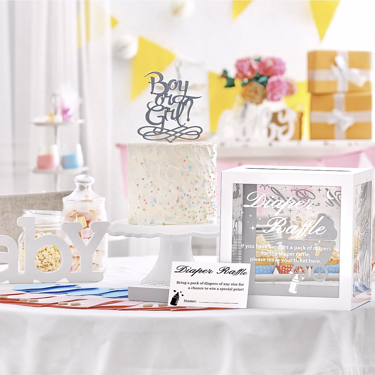 WNINK 50 Pcs Diaper Raffle Tickets with Box for Baby Shower, Diaper Raffle Card Gender Reveal Diaper Raffle Card Box for Baby Shower Games Diaper Raffle Box Party Decorations Table Centerpiece (White)
