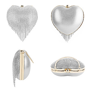 Women Heart Shape Crystal Tassel Evening Clutch Bag, Single-Sided Rhinestones Lady Party Wedding Crossbody Shoulder Ring Handle Handbag (Not Compatible with Phone) (Silver)