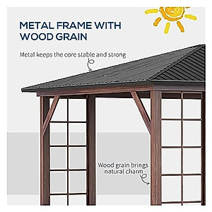 10' x 12' Permanent Gazebo Canopy, Adjustable Metal Roof Hardtop Gazebo, Hardtop Gazebo with Waterproof Metal Roof and Wood Grain Metal Frame for Porch Party, Garden, Grill Gazebo