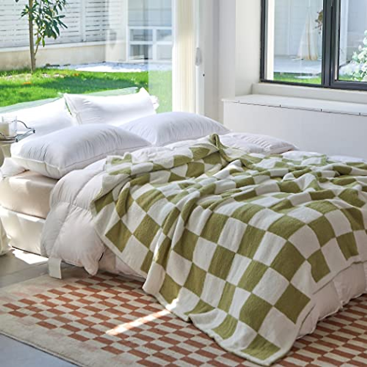 ATMOSURELY Ultra Soft Cozy Knitted Checkered Throw Blanket Microfiber Checkerboard Fluffy Blanket Sage Green Lightweight Fleece Blanket for Travel Sofa Couch 51x63 Inches (Checker Sage Green)