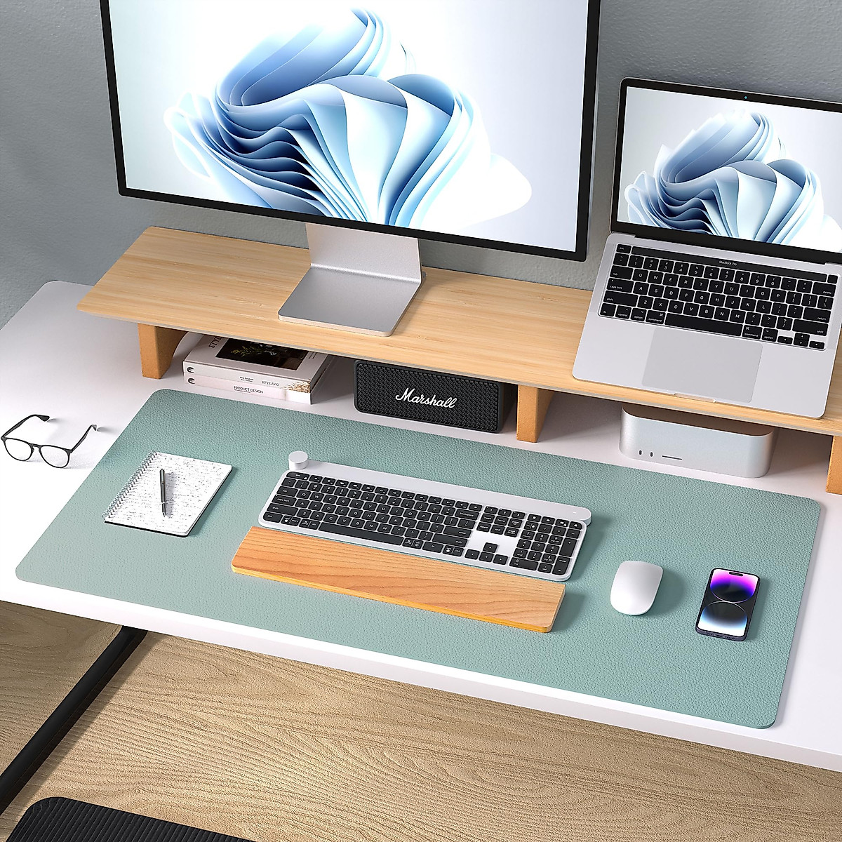 Leather Desk Pad Protector,Mouse Pad,Office Desk Mat, Non-Slip PU Leather Desk Blotter,Laptop Desk Pad,Waterproof Desk Writing Pad for Office and Home (Light Blue,31.5" x 15.7")