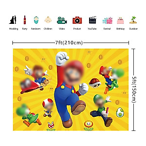 Super Brother Backdrop Cartoon Yellow Background Decoration Boy Gold Coin Video Game Adventure Kart Theme Party Super Bros Uncle Mushroom Birthday Banner Shooting Supplies (7x5FT(210x150cm))