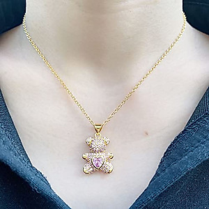 Foruiston Teddy Bear Pendant Heart Crystal Pendant Necklace Cute Animal Jewelry for Women (pink)