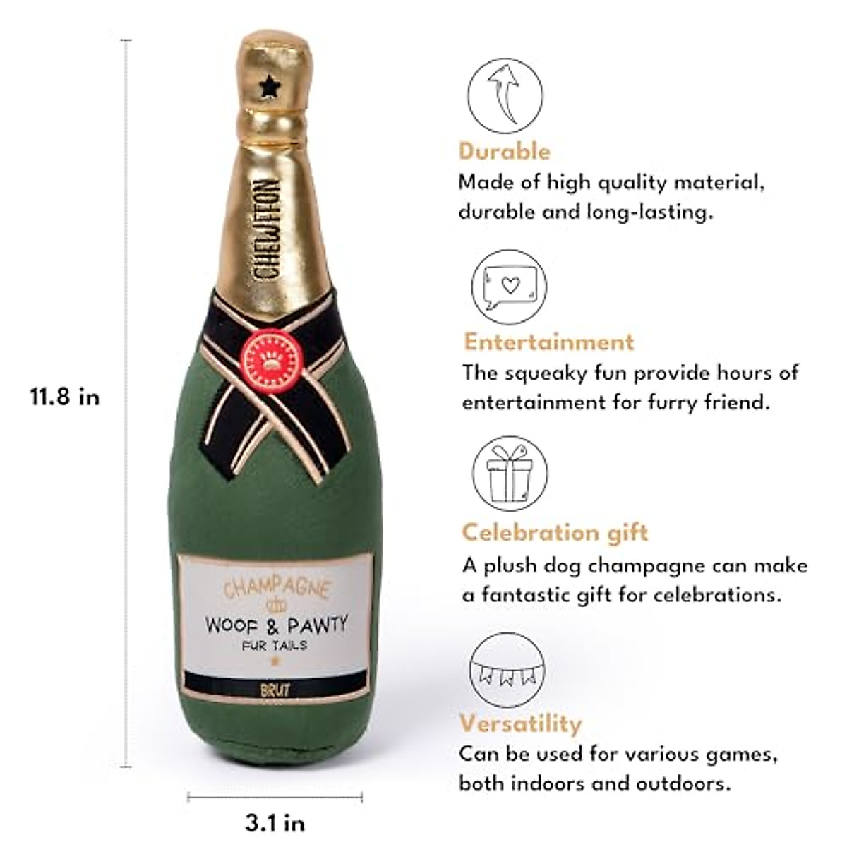 CHEWFFON Dog Toy, Squeaky Dog Toys for Boredom, Plush Dog Present Chew Toy for All Breeds Dogs, Champagne Shape Interactive Dog Toys for Birthday Stimulating Gifts