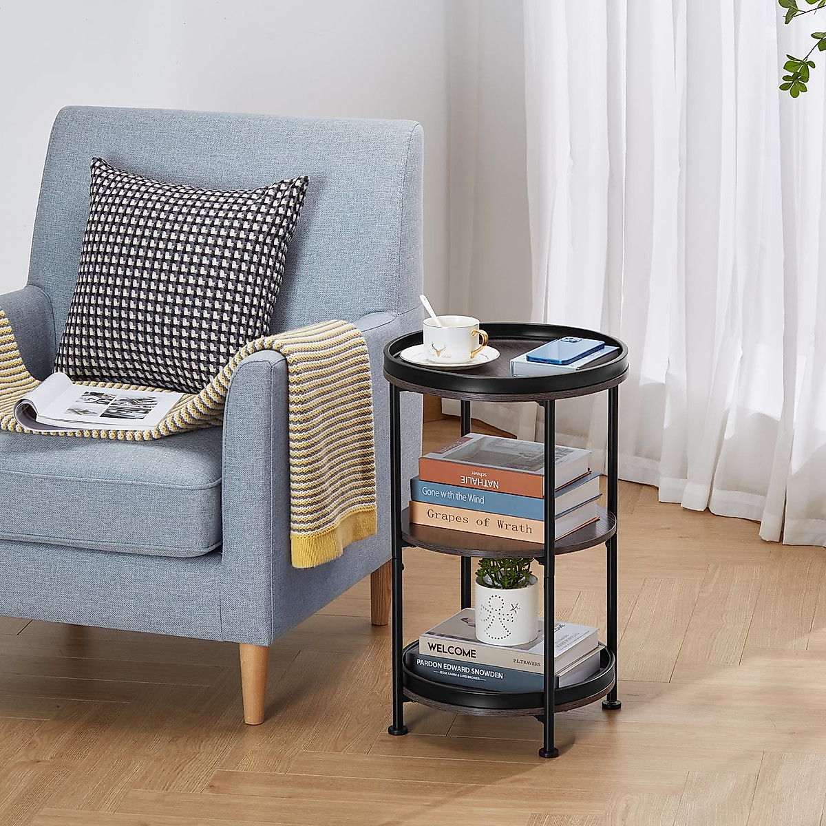 Dulcii Side Table, Round End Table with 3 Shelves for Living Room, Bedroom, Nightstand with Steel Frame for Small Spaces, Industrial Round Sofa Table, Outdoor Accent Coffee Table, Grey
